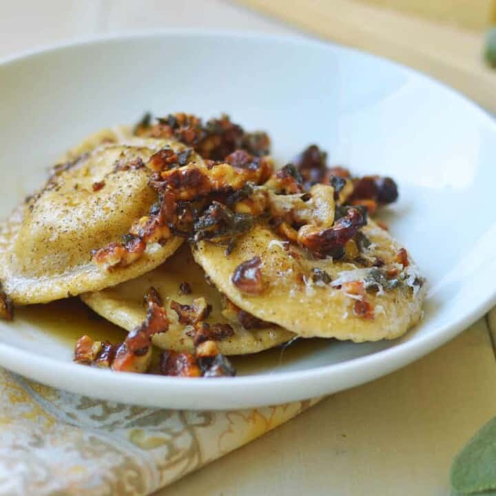 Homemade Pumpkin-Ricotta Ravioli with Brown Butter Walnut Sauce