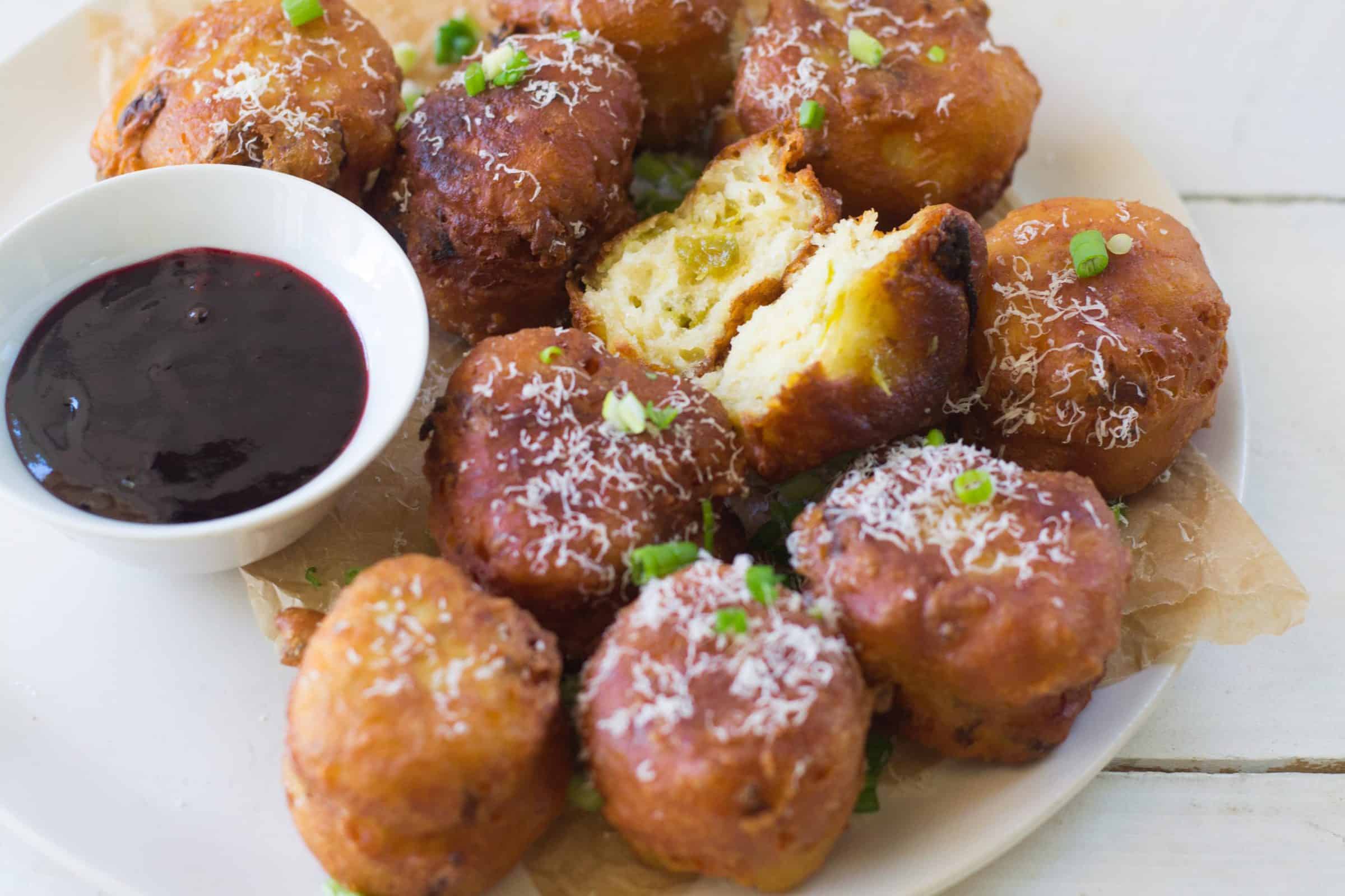 Savory Hatch Chile and Cheddar Donuts with Raspberry Wine Sauce - The ...