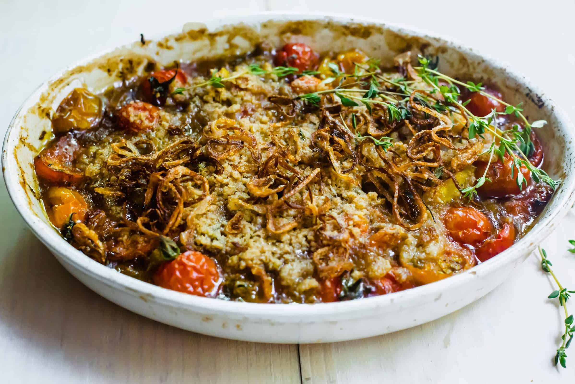 Tomato Crumble with Fried Shallots and Parmesan Herb Crumb Topping