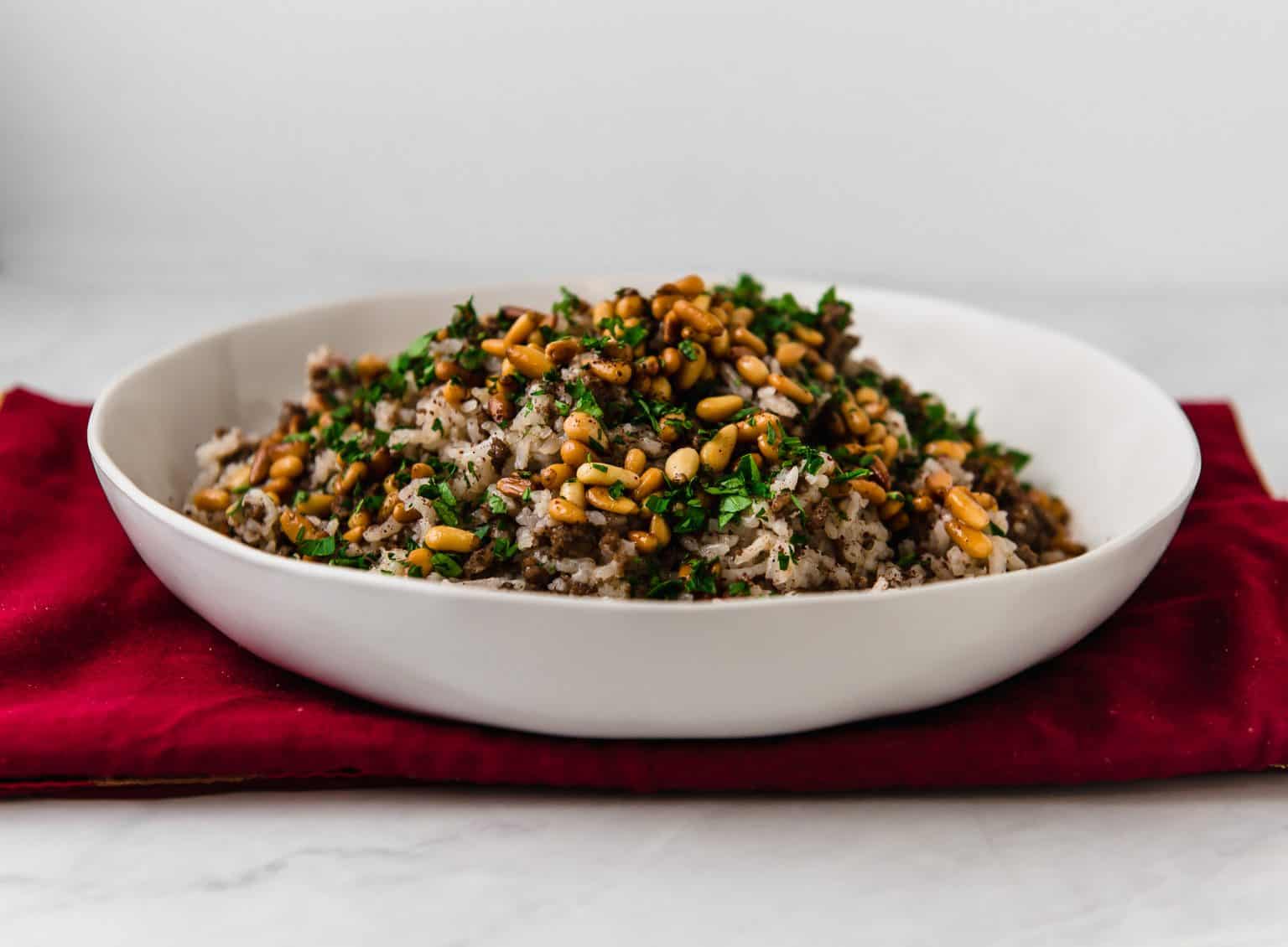 Lebanese Hashweh Rice (Spiced Rice with Ground Beef and Pine Nuts)