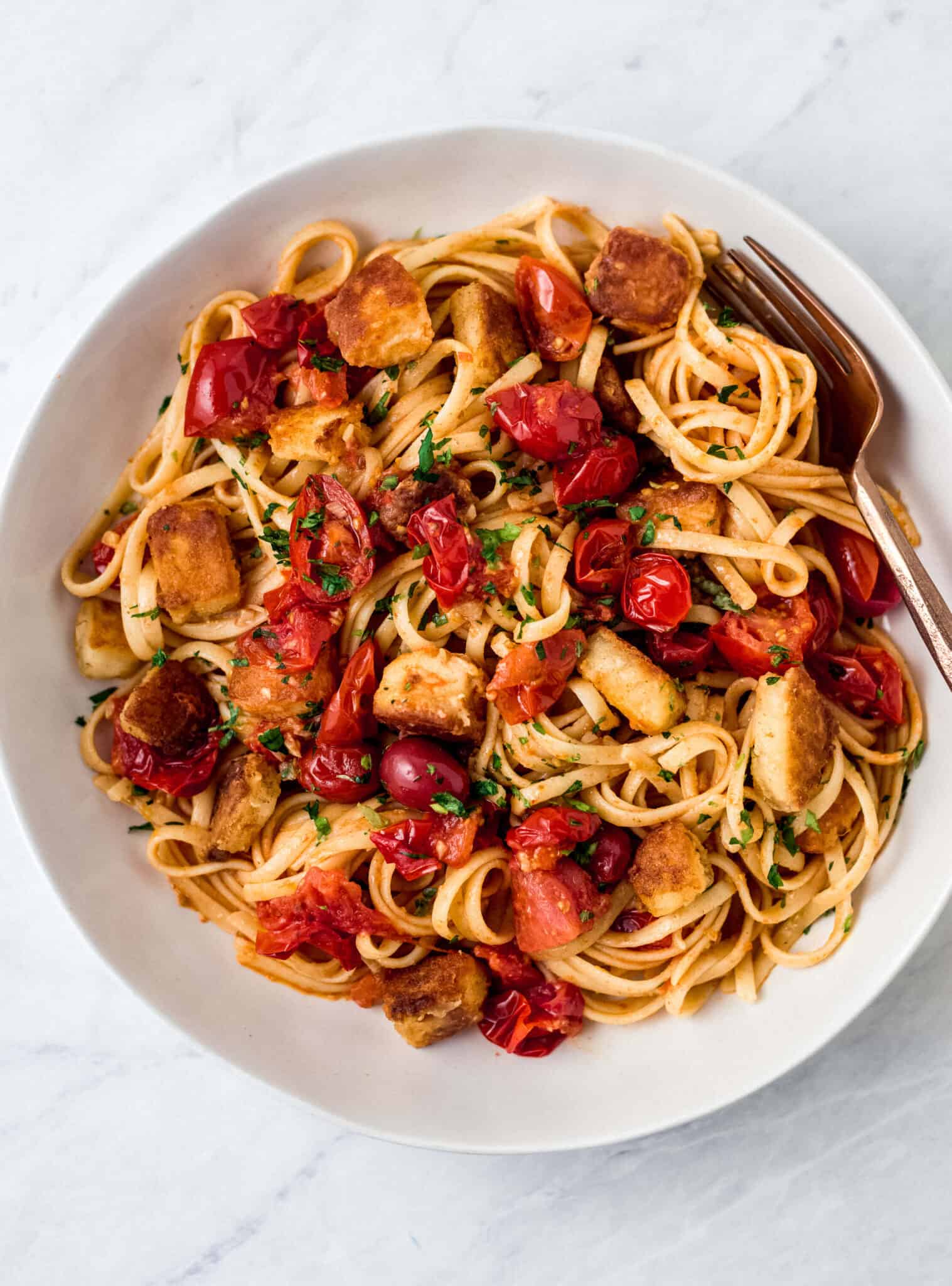 Easy Halloumi Pasta with Cherry Tomatoes - The Little Ferraro Kitchen