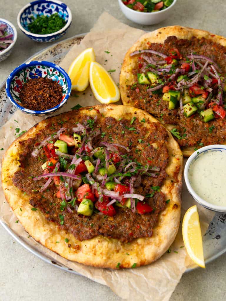 Lamb Lahmacun (Turkish Pizza) with Herb Tahini Sauce